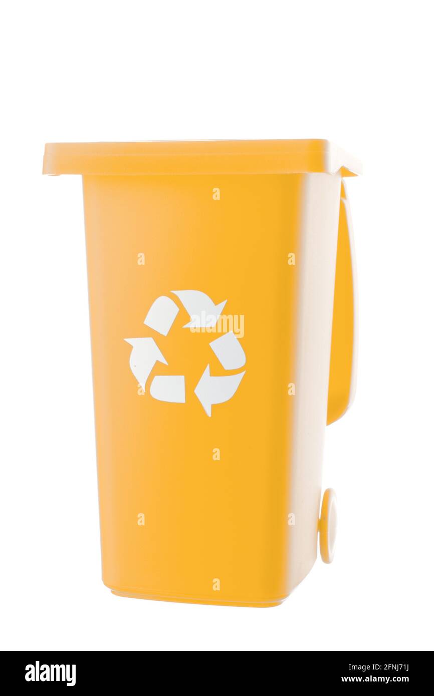 Plastic yellow trash can isolated on white background Stock Photo - Alamy
