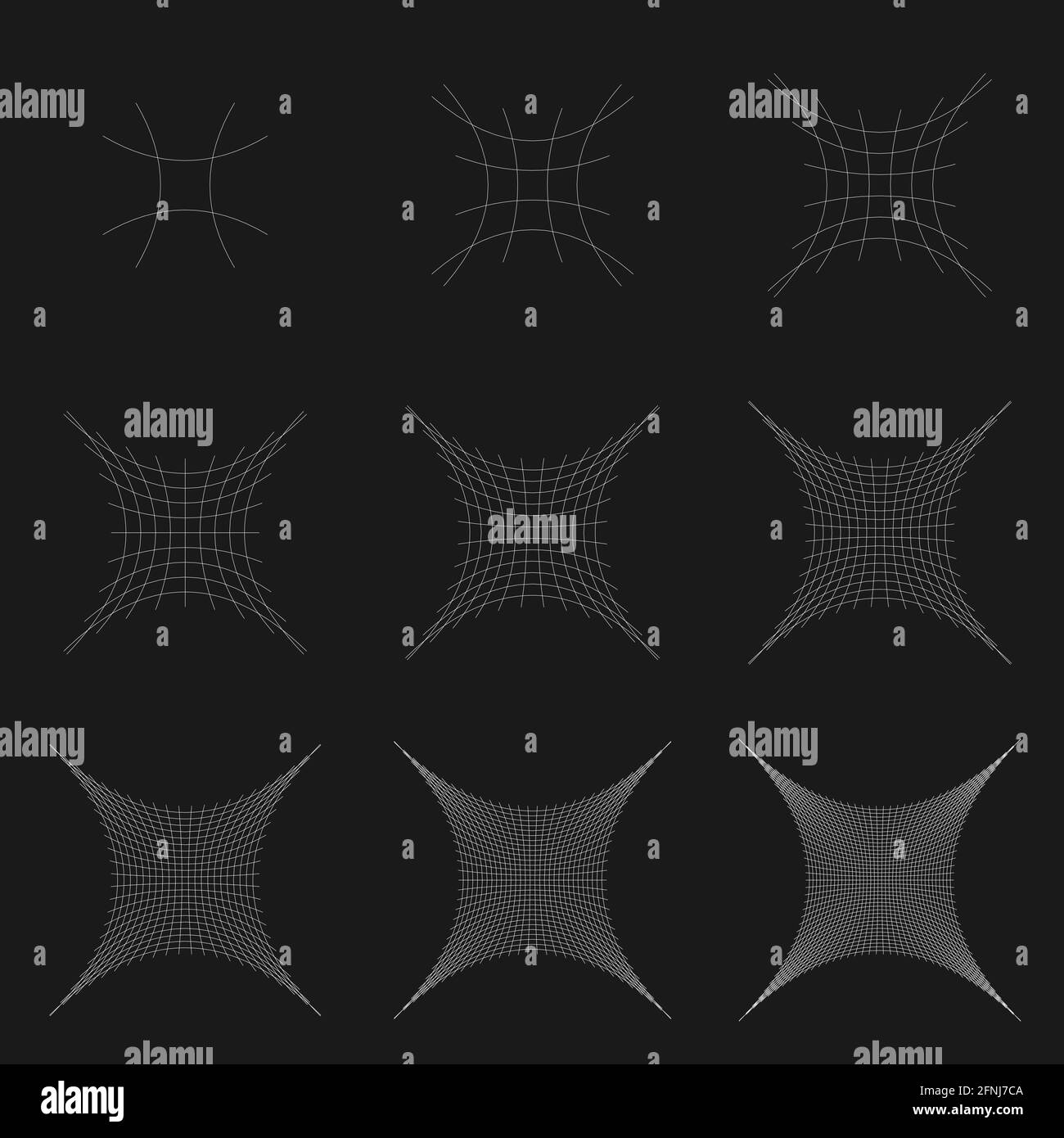 Grid, mesh, lattice, grating with distort, deform effect. Distortion, deformation array of lines ...