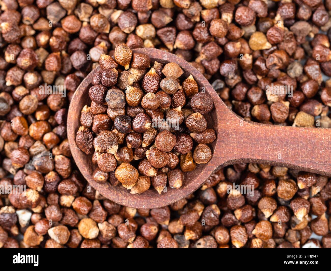 top view of wood spoon on pile of grains of paradise pepper closeup ...