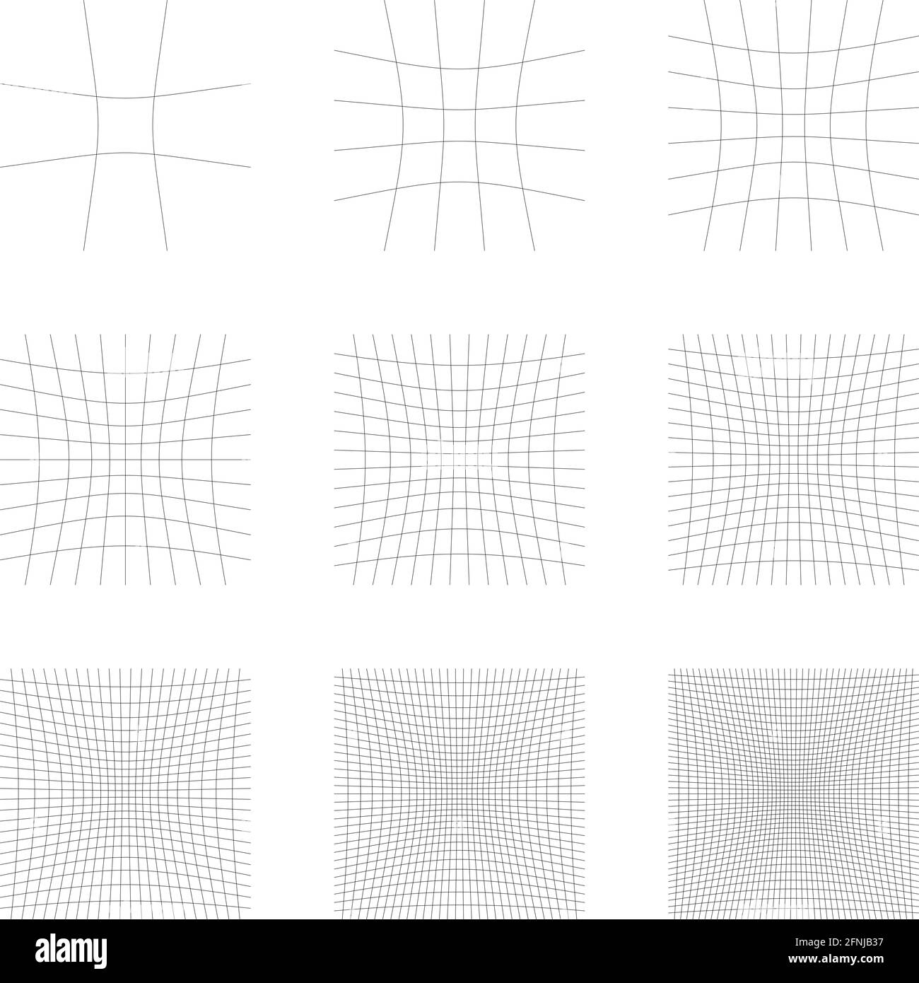 Grid, mesh, lattice, grating with distort, deform effect. Distortion, deformation array of lines ...