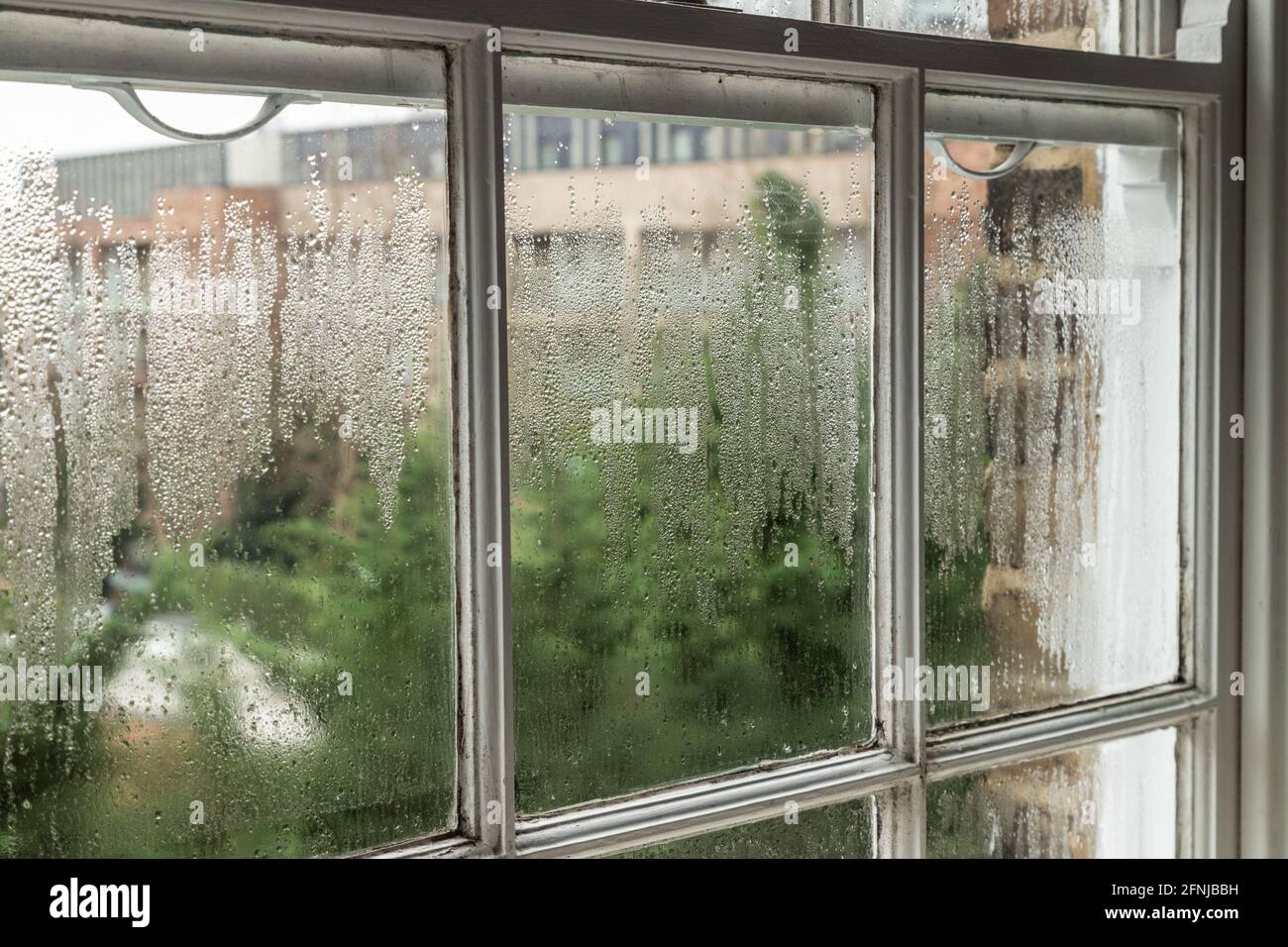 Closeup to condensation on the glass on a window. A common problem when ...