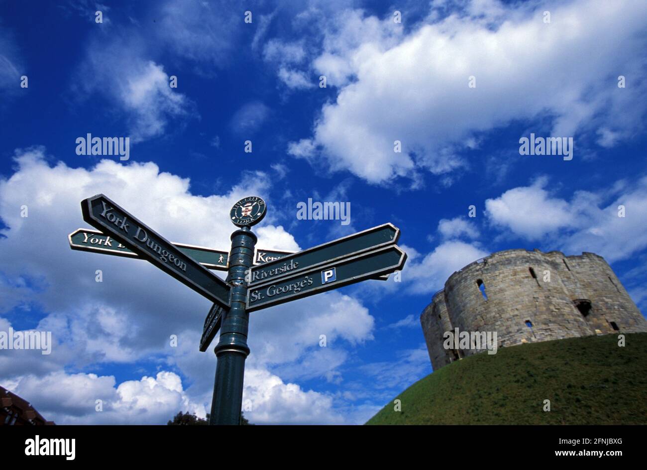 City sign info and Medieval Norman castle, Clifford's Tower, York ...