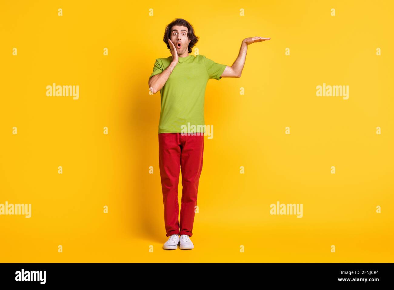 Full length body size photo of amazed touching cheek man demonstrating ...
