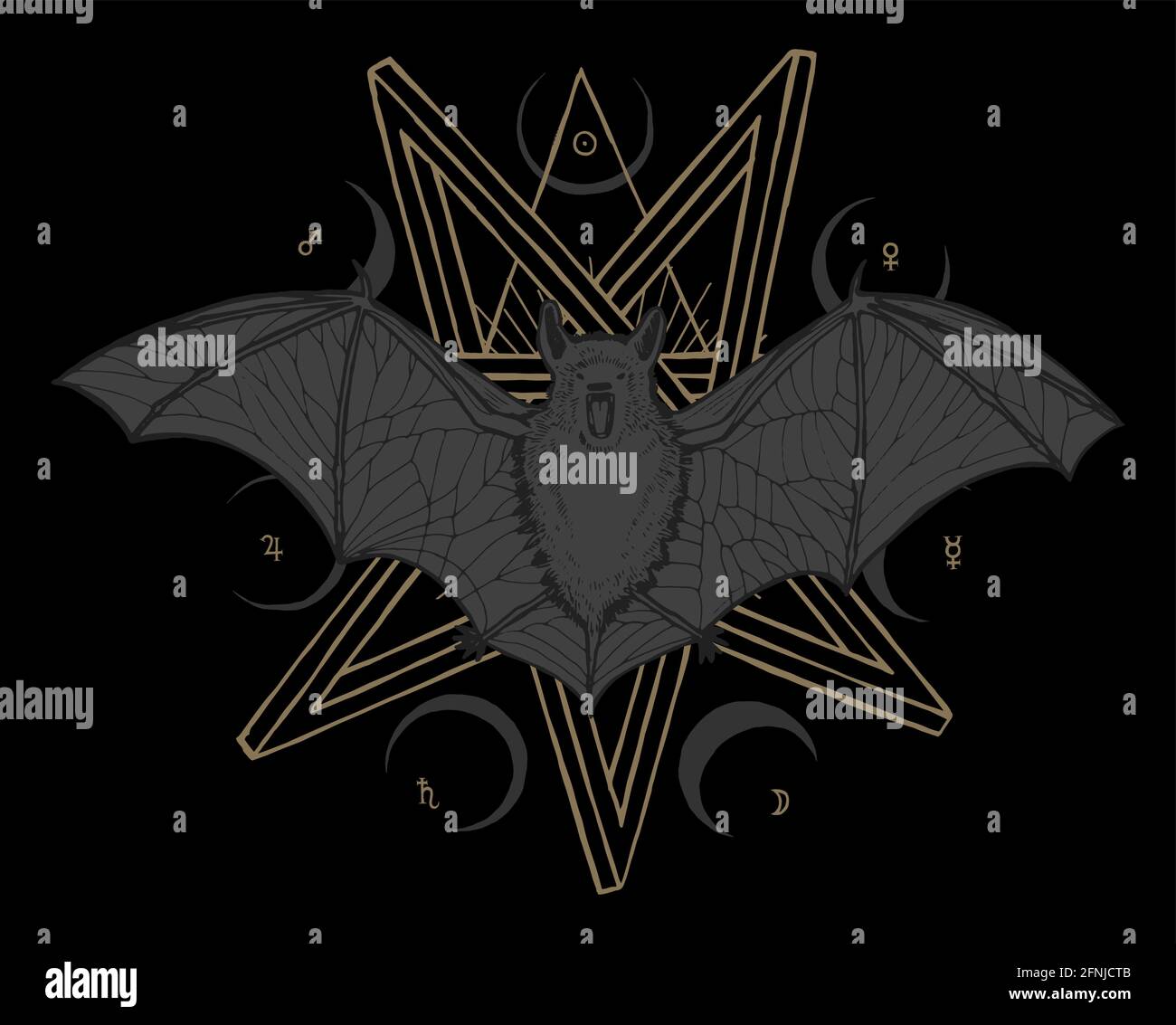 Bat occult print with seven pointed star and moon shapes on background ...
