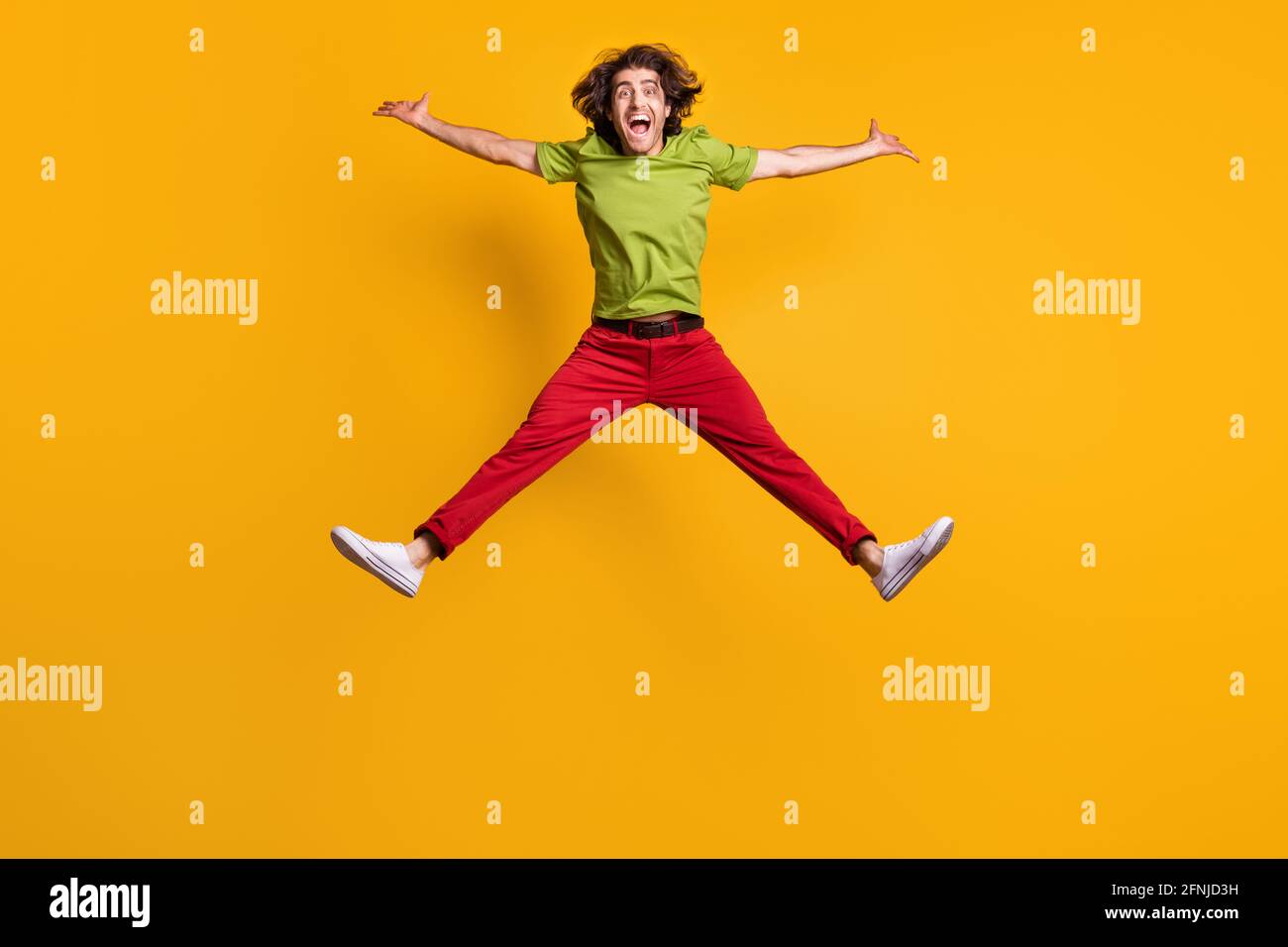 Full length body size photo of jumping like star cheerful happy man ...