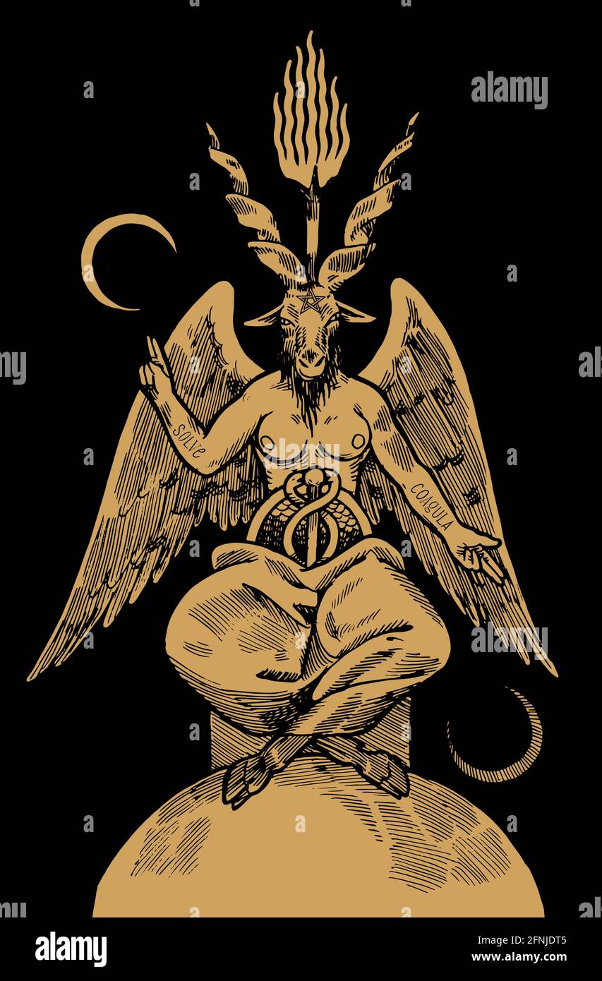 Goat headed demon Baphomet with torch on top of his head and big black ...