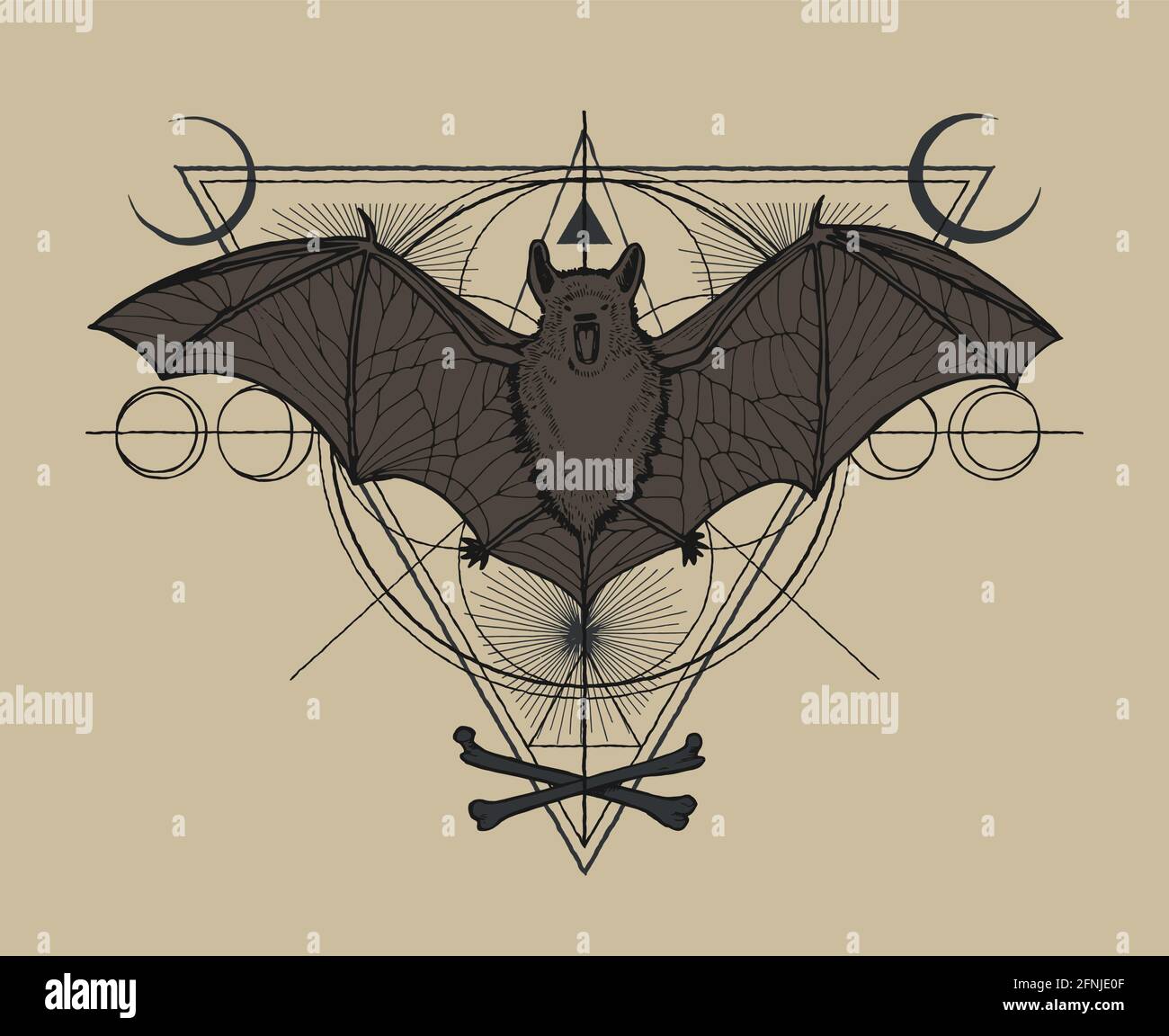 Bat on the geometrical background with moons and bones occult vector ...
