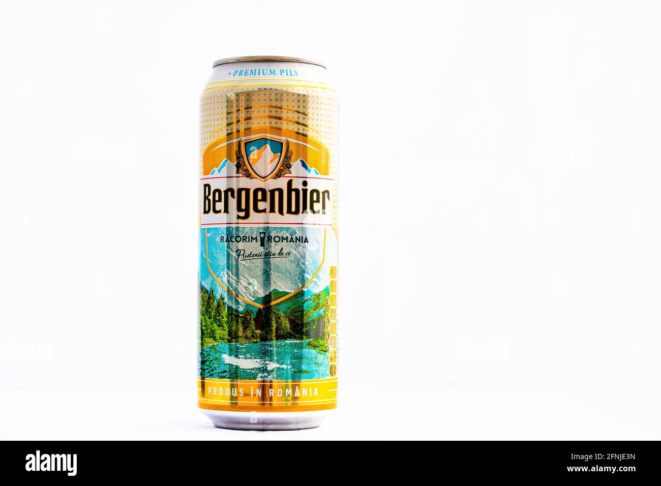 Can of Bergenbier beer isolated on white. Illustrative editorial photo ...
