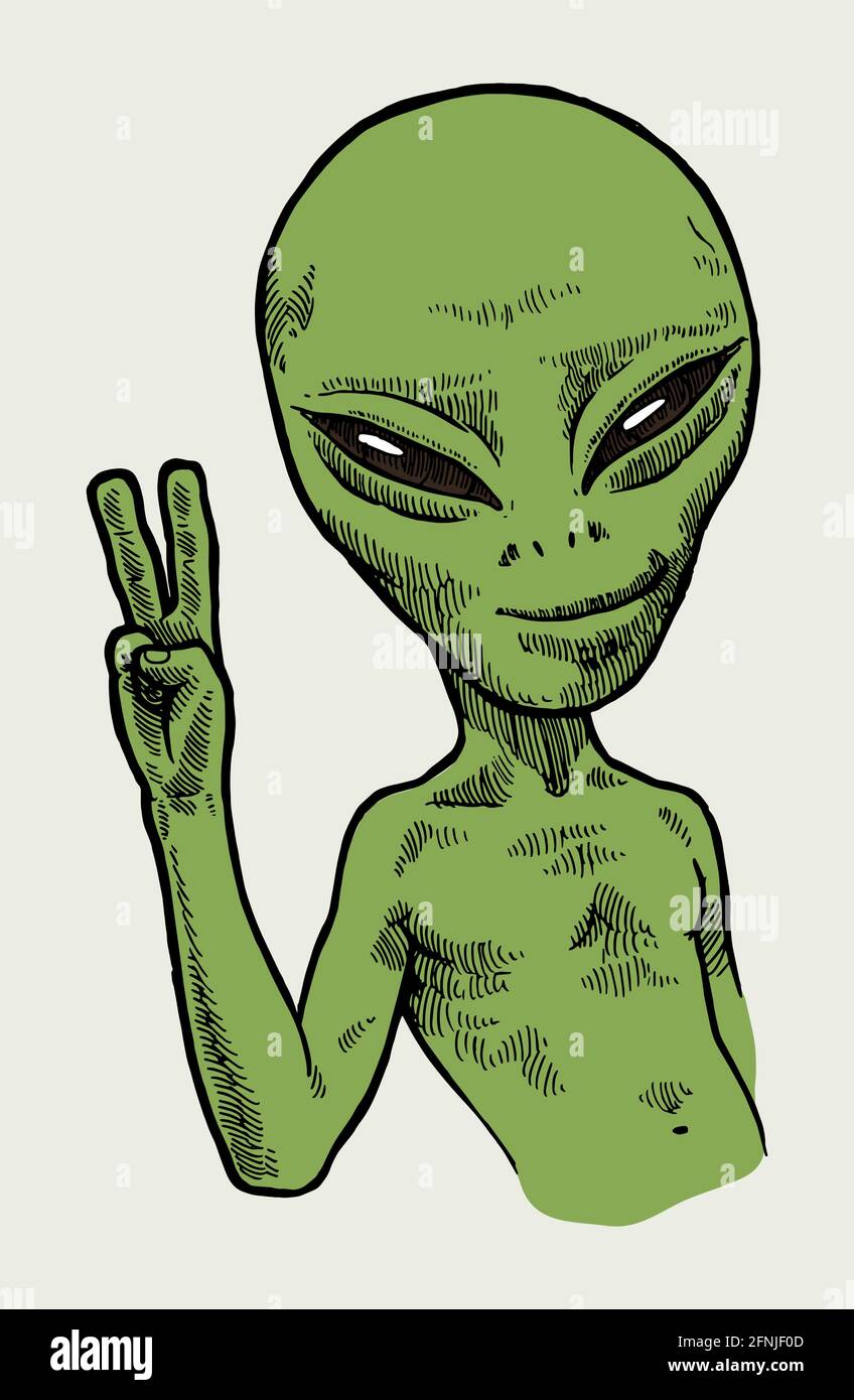 UFO alien smiling with a two finger peace gesture isolated space ...