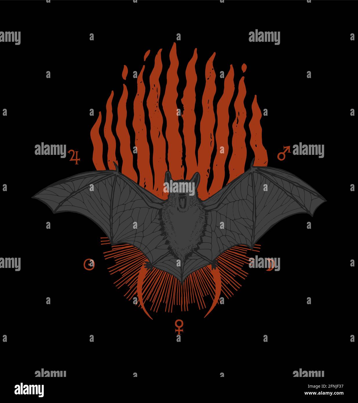 Black bat in the fire mystical creature on the shine and moon red ...