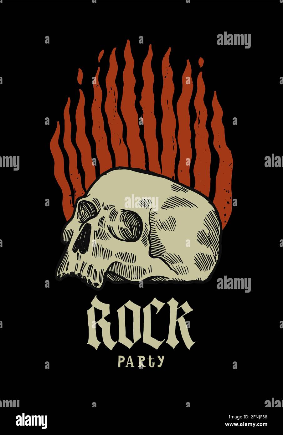 Human skull burning in fire rock music t-shirt print. Vintage occult ...