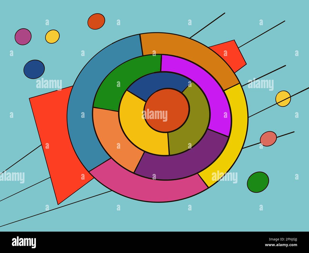 Colorful circular target shape with geometric forms on a light blue ...