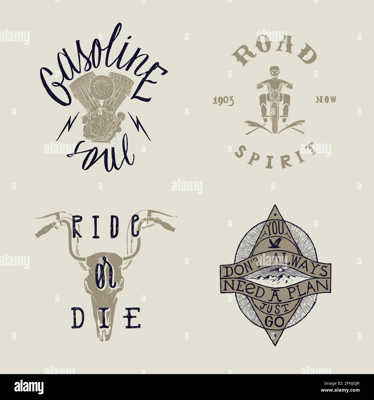 Biker t-shirt design set: gasoline soul - motorcycle engine, road ...
