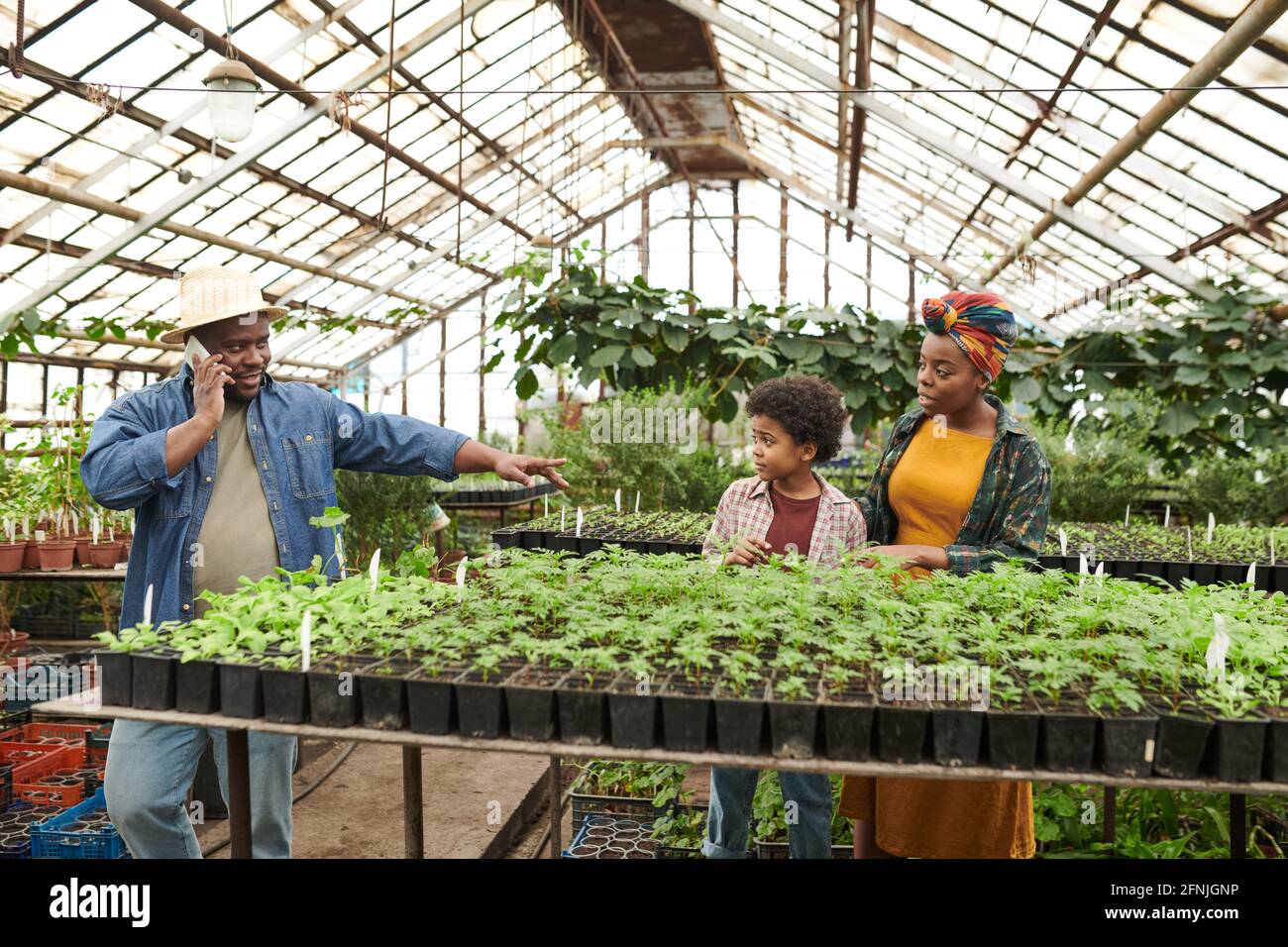 African family of three growing vegetables together in the greenhouse ...