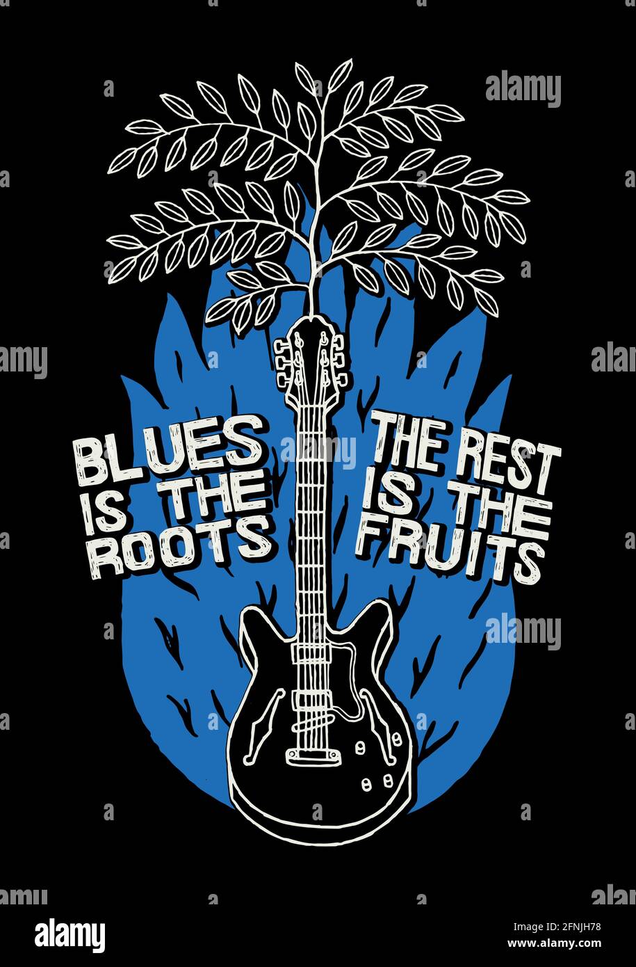 Blues music t-shirt with a guitar and tree in the fire. Blues is the ...