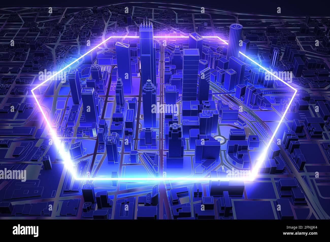 neon hexagon shape over dark city aerial view. 3d rendering Stock Photo ...