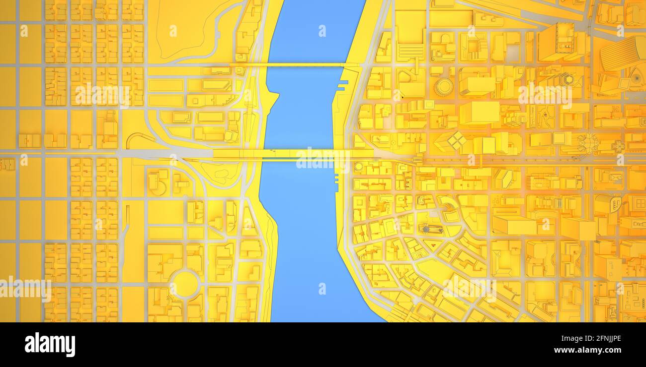 yellow plain low poly wireframe modern downtown with river top view. 3d ...