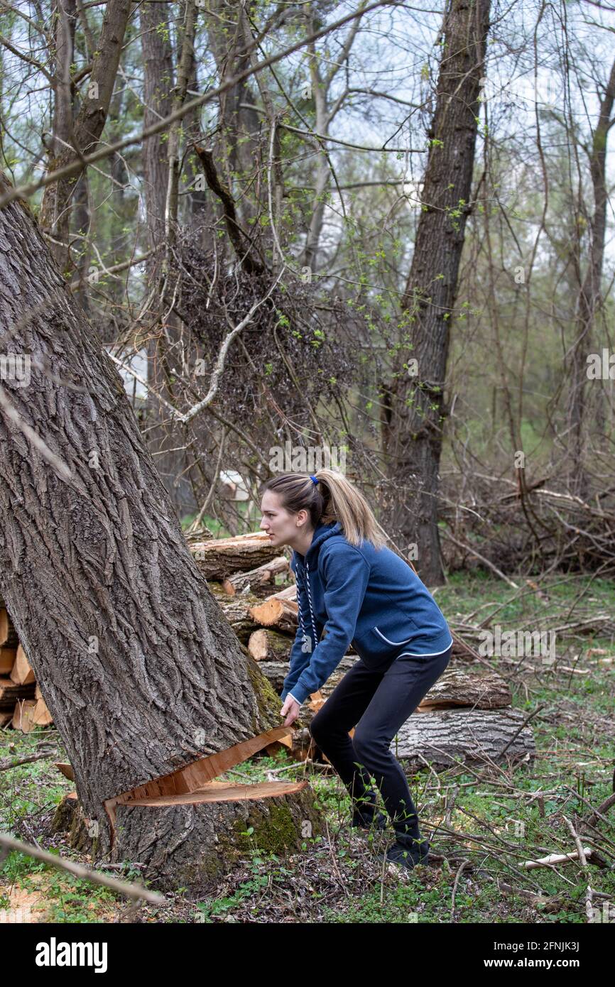 Slim teenage girl lifting wood trunk in forest Stock Photo - Alamy