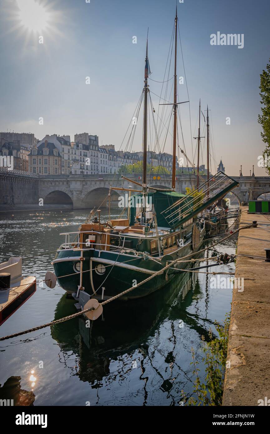 Paris, France - 05 13 2021: Quays of the Seine. A wooden sailing boat ...