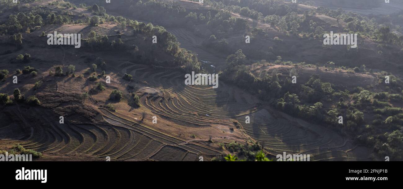 Viewpoing looking out over beautiful terraced rice fields farm lands ...