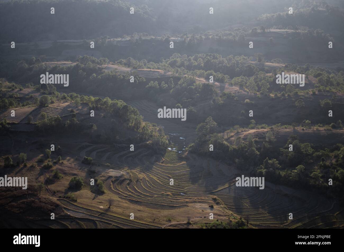 Viewpoing looking out over beautiful terraced rice fields farm lands ...