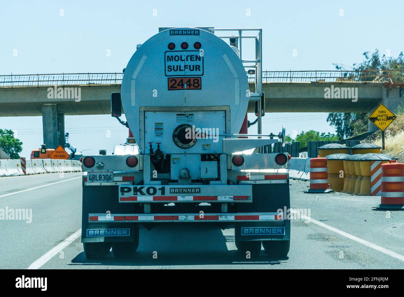 A Truck hauling molten sulphur on Interstate 5 in Central California ...