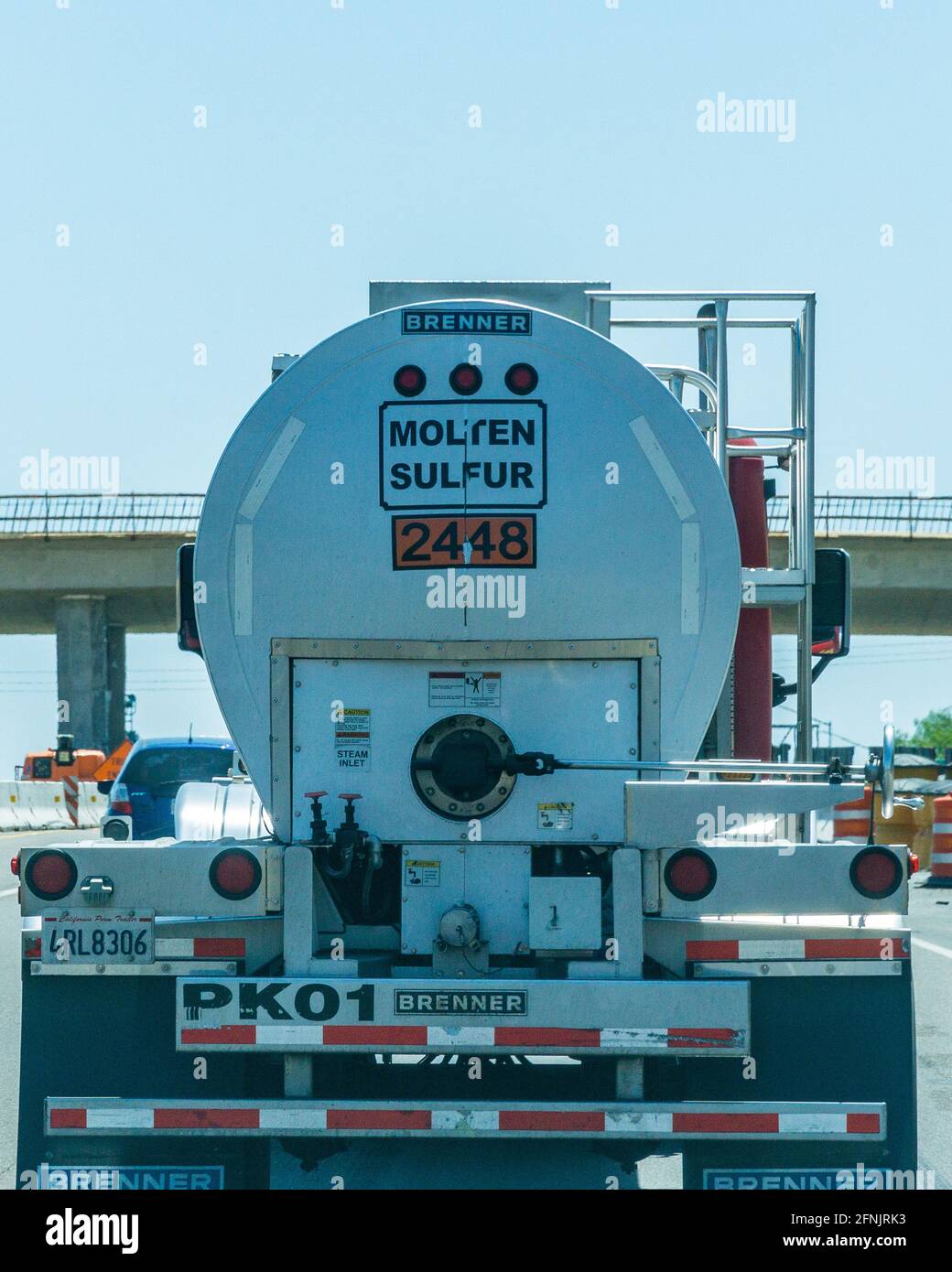 A Truck hauling molten sulphur on Interstate 5 in Central California ...
