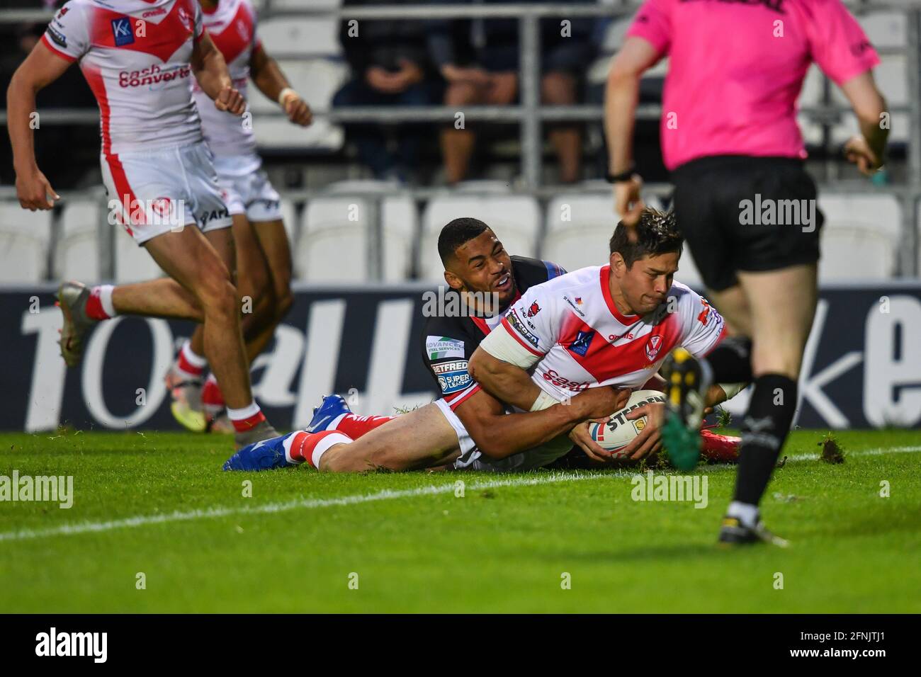 Louie McCarthy-Scarsbrook (15) of St Helens goes over for a try Stock ...