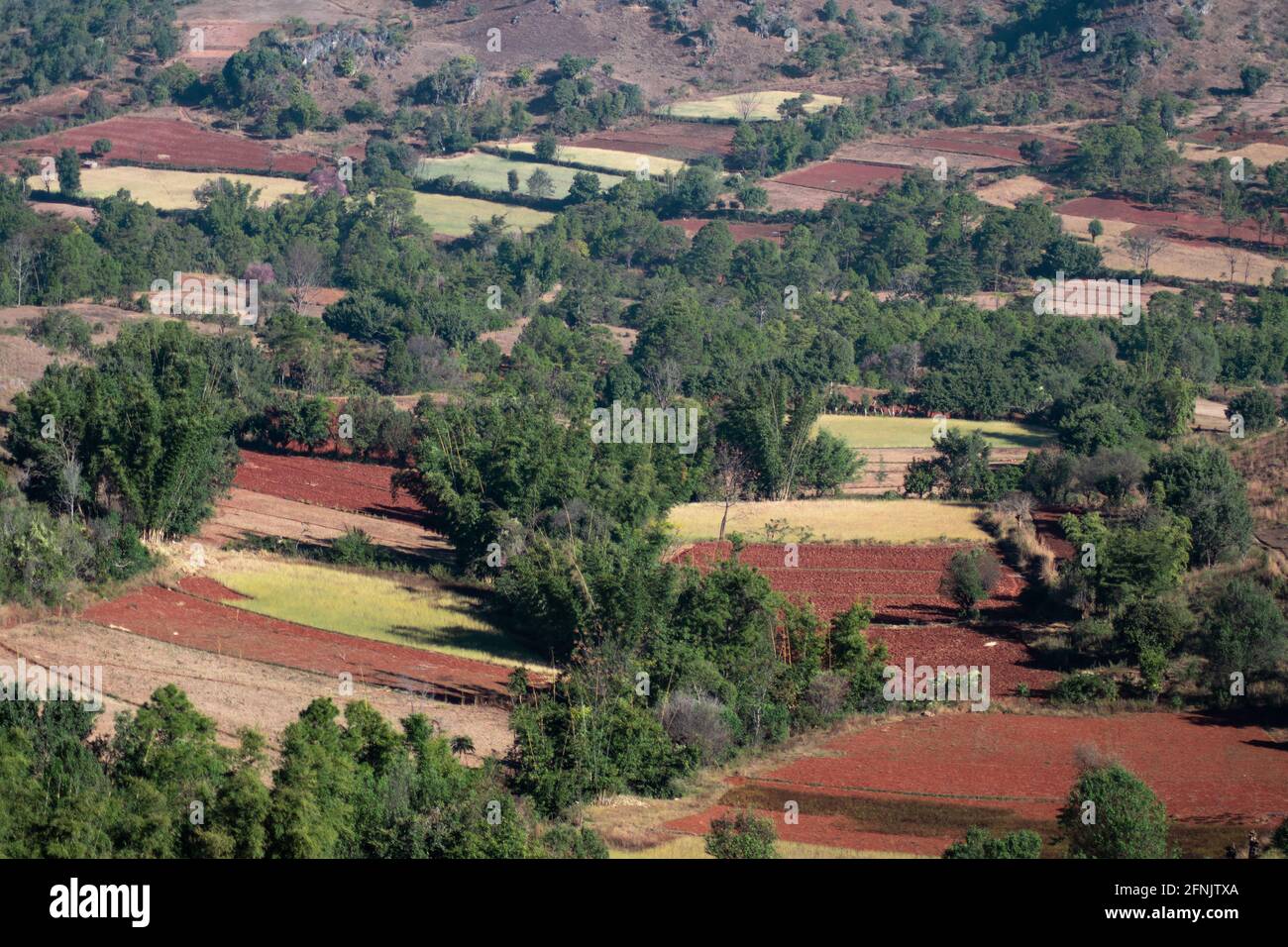 Landscape view ovar farm lands with chili and corn fields between Kalaw ...
