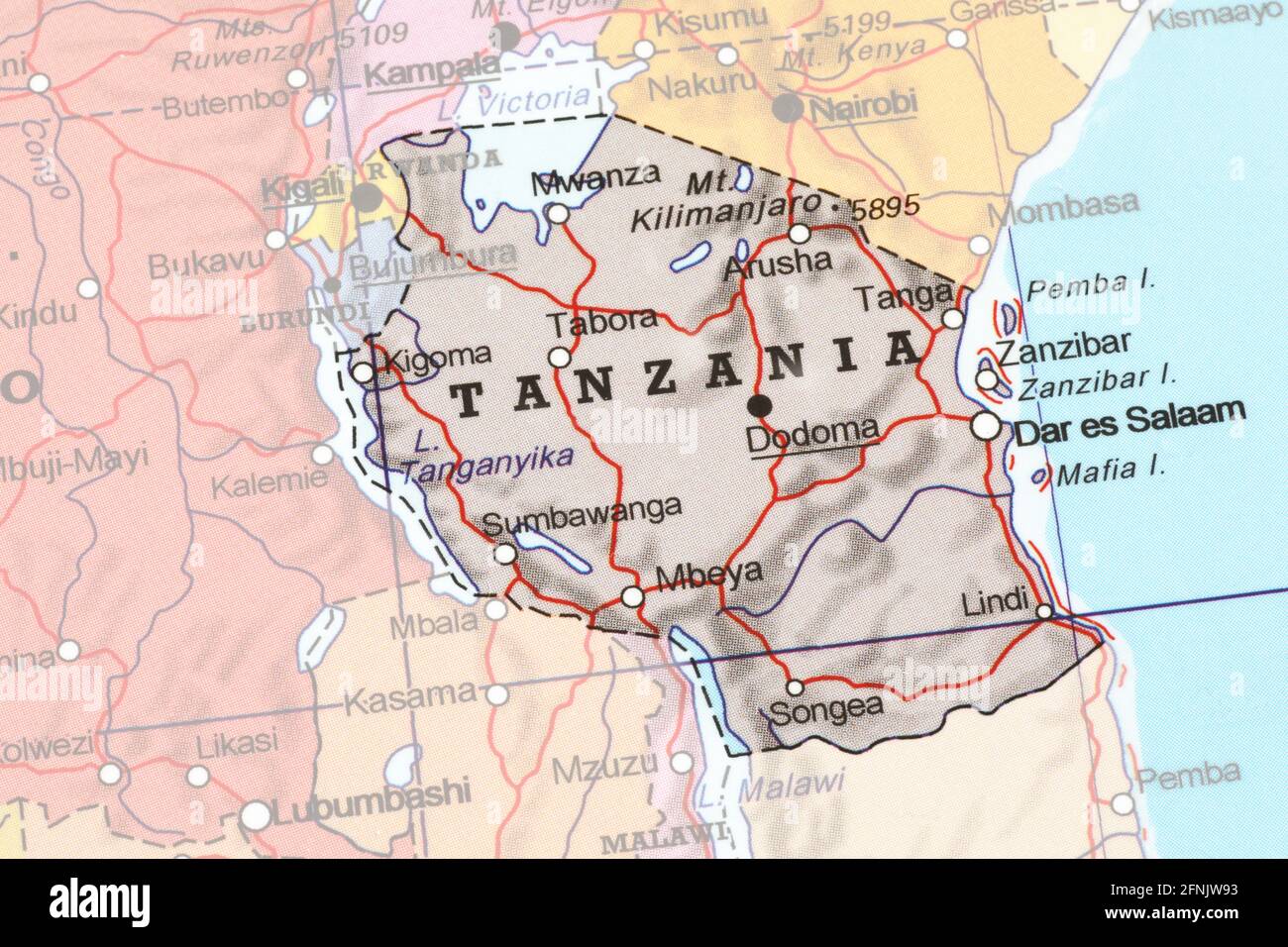 Map of Tanzania highlighted from the outline Stock Photo - Alamy