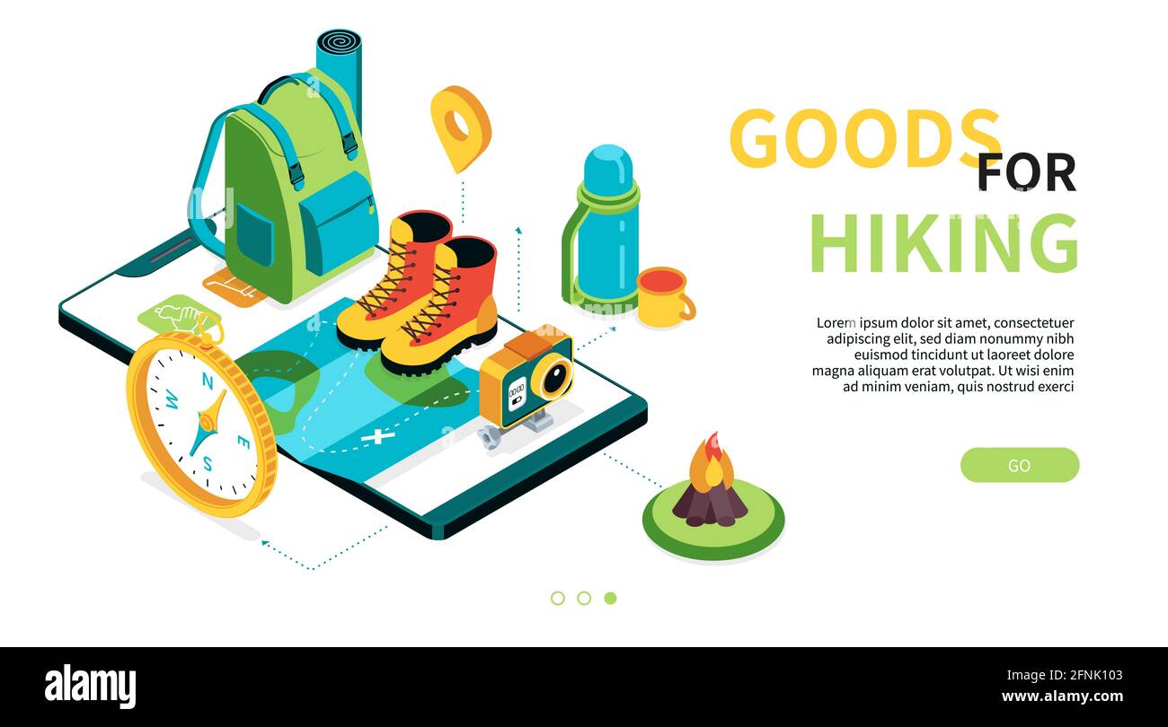 Goods for hiking - modern colorful isometric web banner with copy space ...