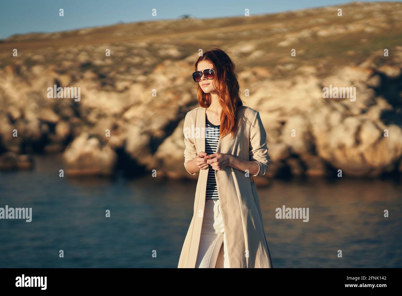 travel tourism woman relax vacation mountains landscape sea Stock Photo ...