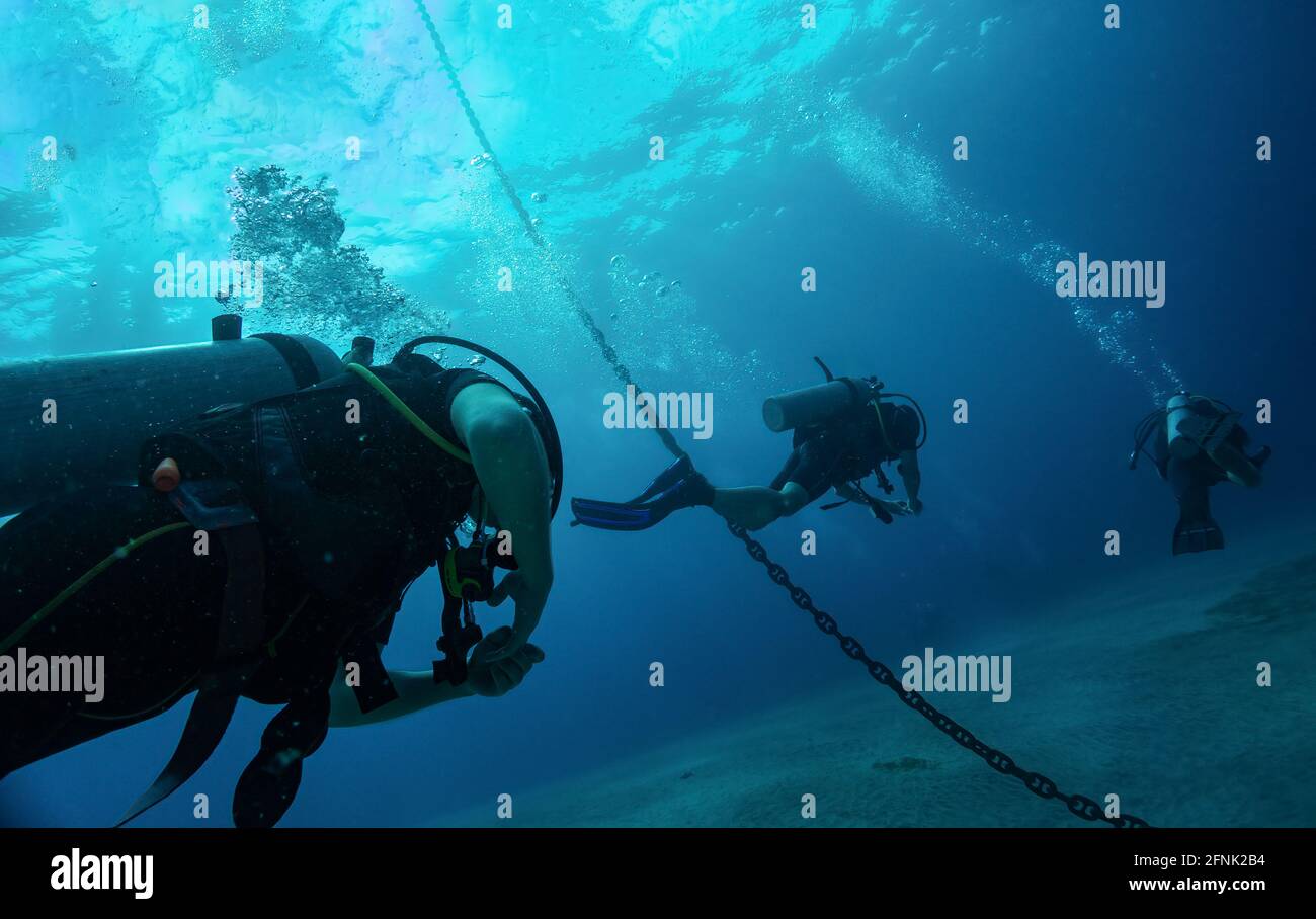 Close up photo of three divers swimming after each other close to ...