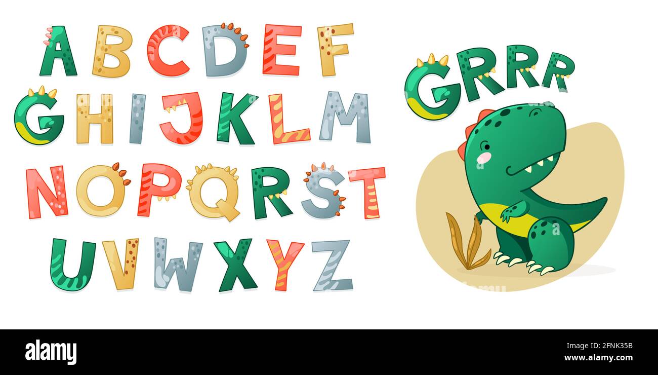 Cartoon cute Dinosaur alphabet. Dino font with letters. Children Vector illustration for t ...