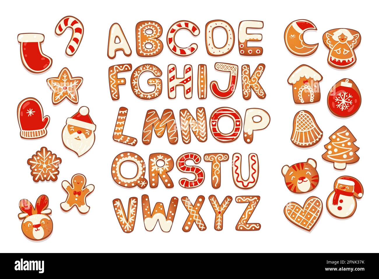 Christmas gingerbread cookies alphabet with figures. Biscuit letters ...
