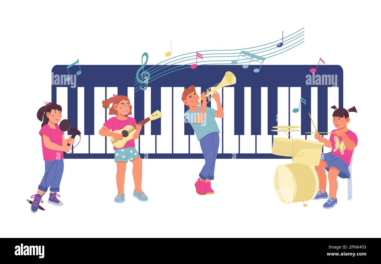 Children playing musical instruments and singing. Design for school ...