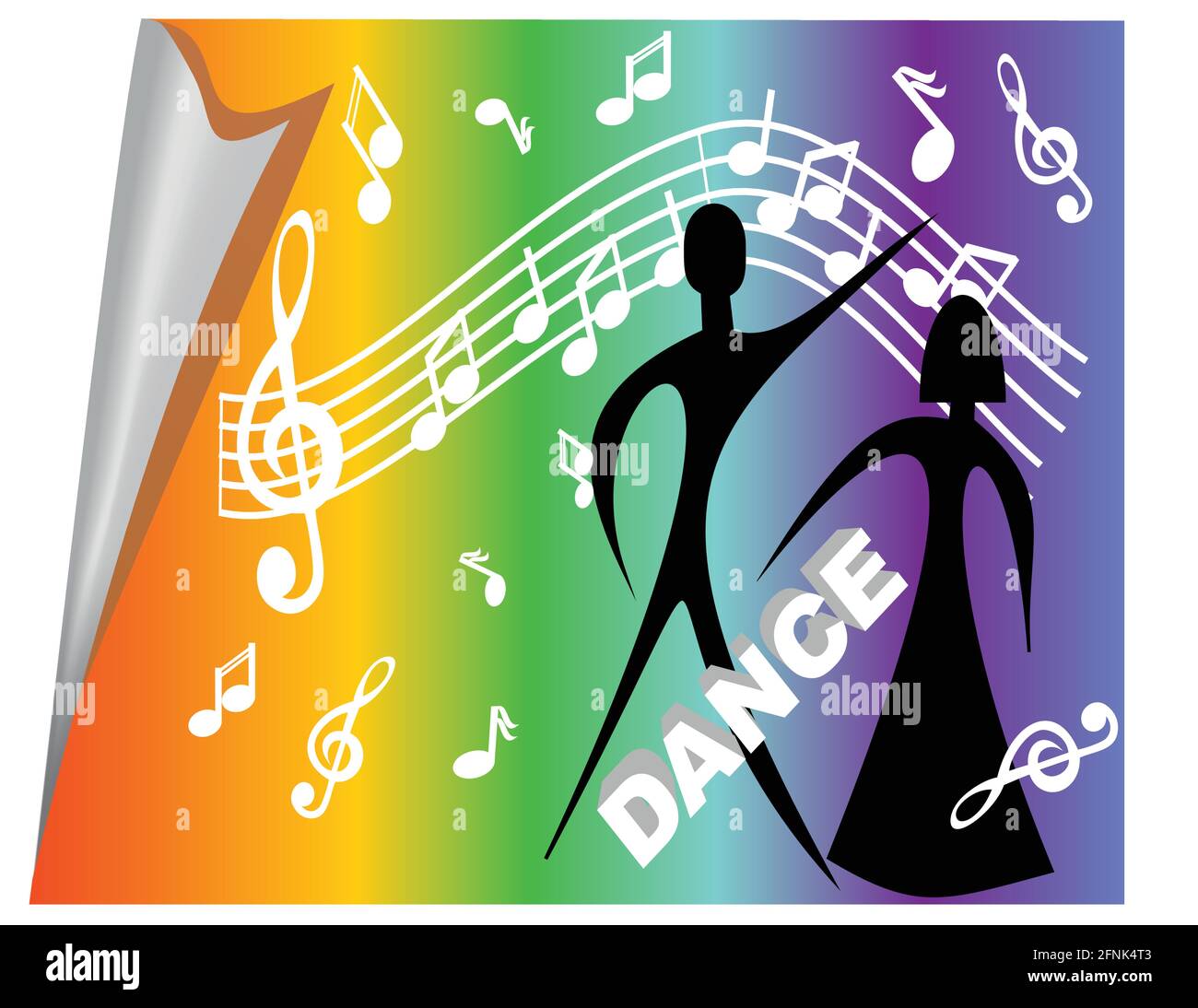 Poster with musical motifs and dancers on rainbow background Stock ...
