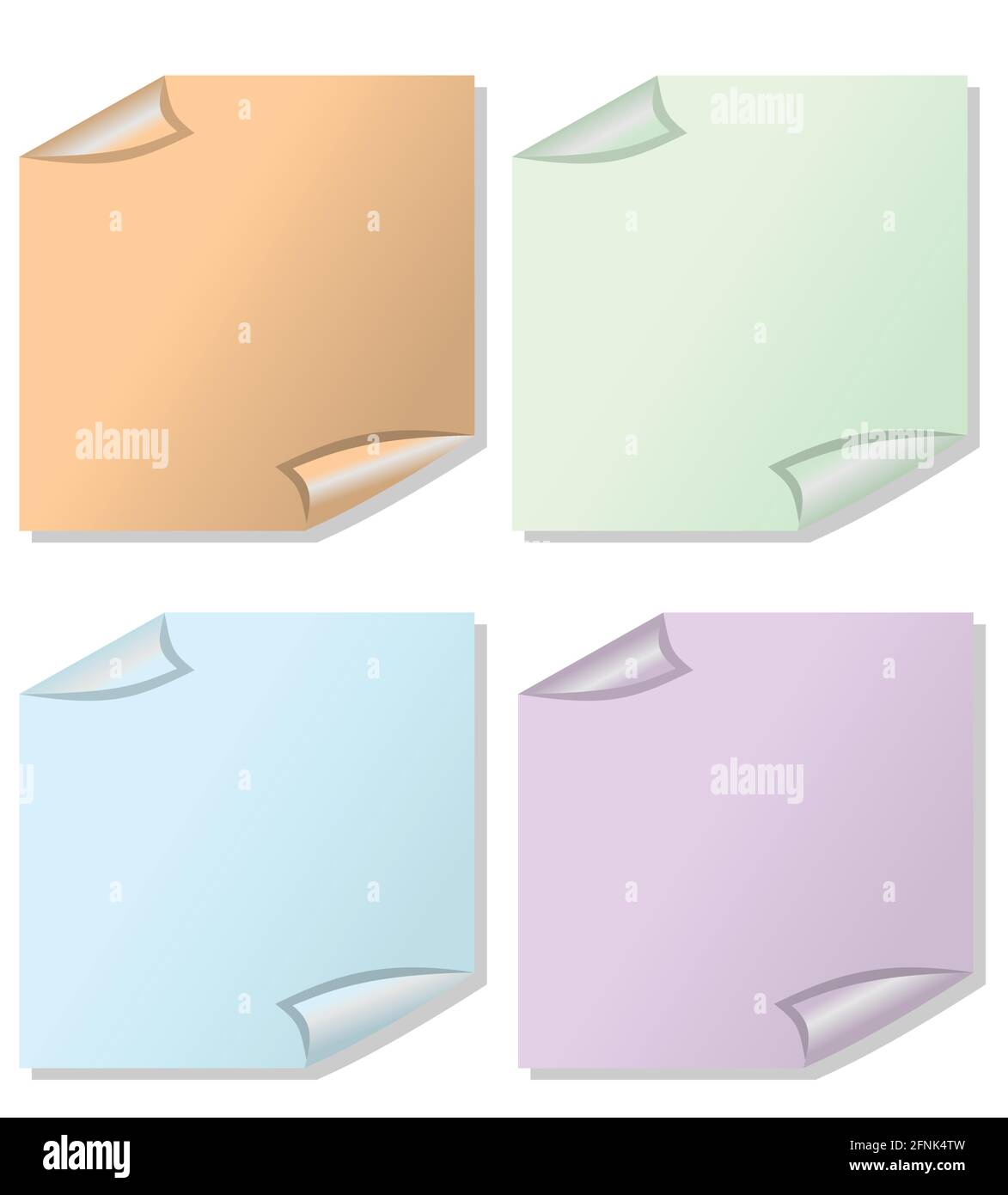 A set of post-it papers in different color variants with rolled corners ...