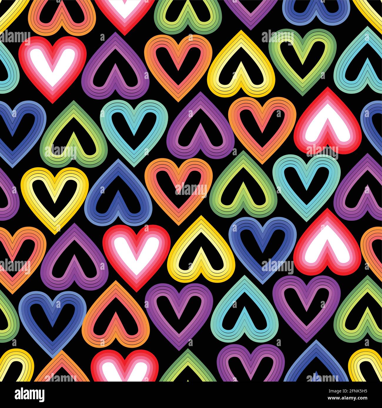 Seamless outline background with rainbow hearts on the black Stock ...