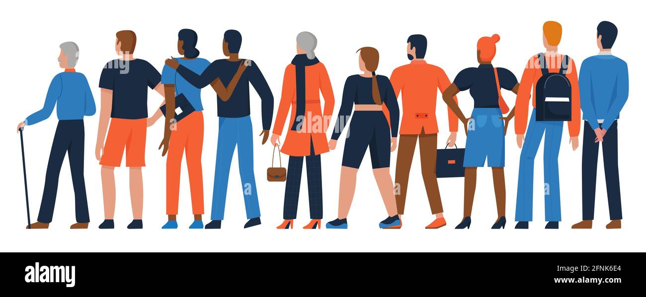 People crowd stand back together vector illustration set. Cartoon ...