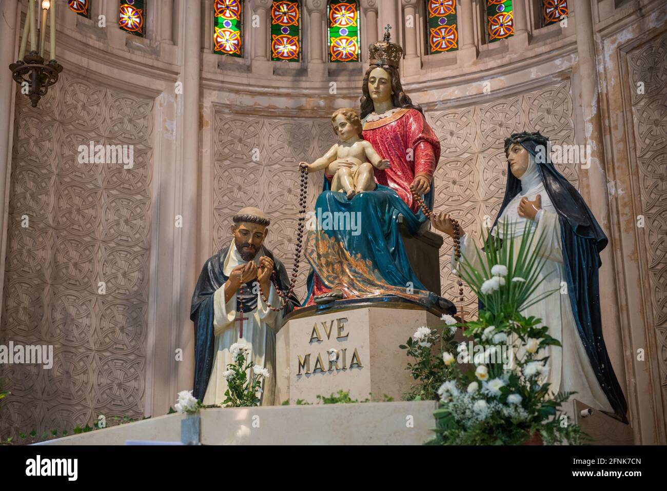 View of the main religious elements of the altar in a Catholic church ...