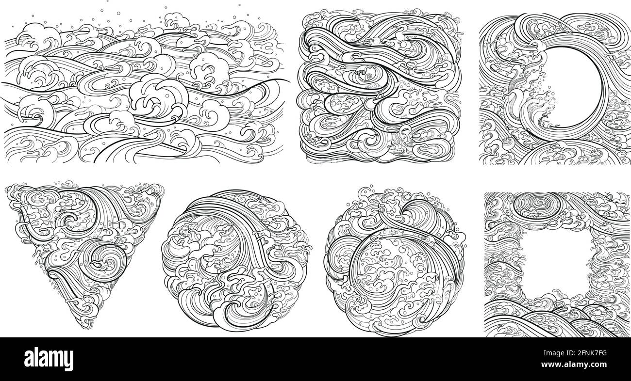 A set of vector contour elements, templates on the theme of waves in an ...