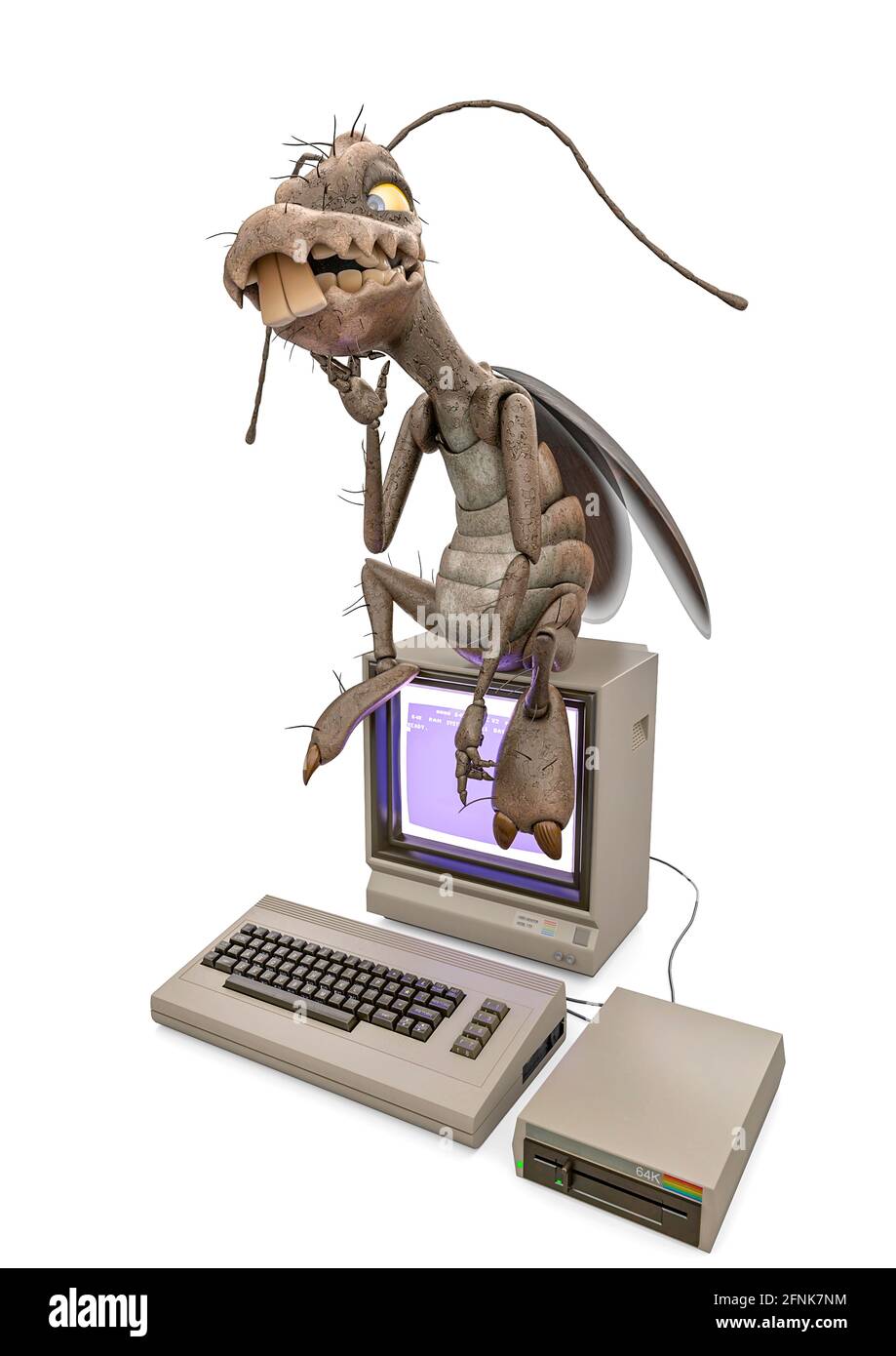 cockroach cartoon is thinking about on the vintage personal computer ...