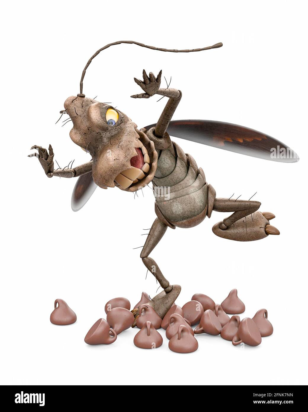 cockroach cartoon is standing up on the chocolate chip pile, 3d ...