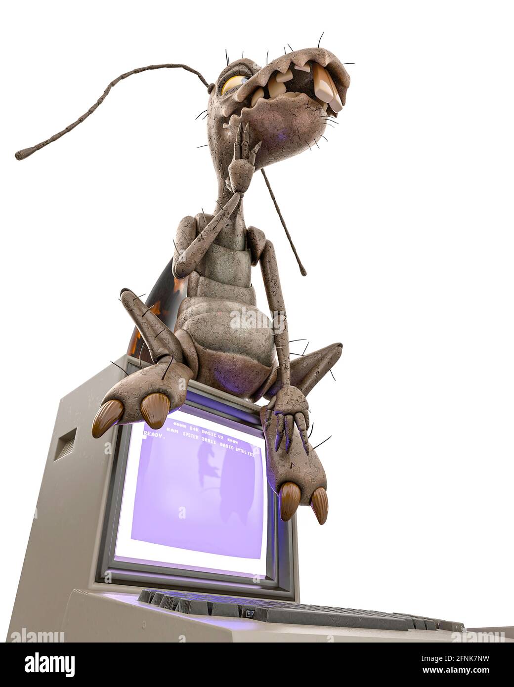 cockroach cartoon is on the vintage personal computer bottom view, 3d ...
