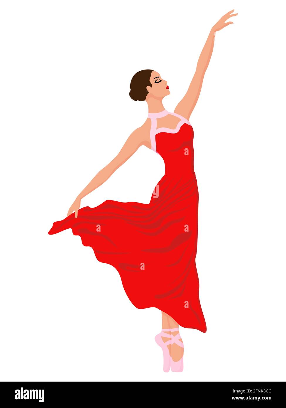 Adorable ballerina in a red long dress, hand drawing vector, isolated ...