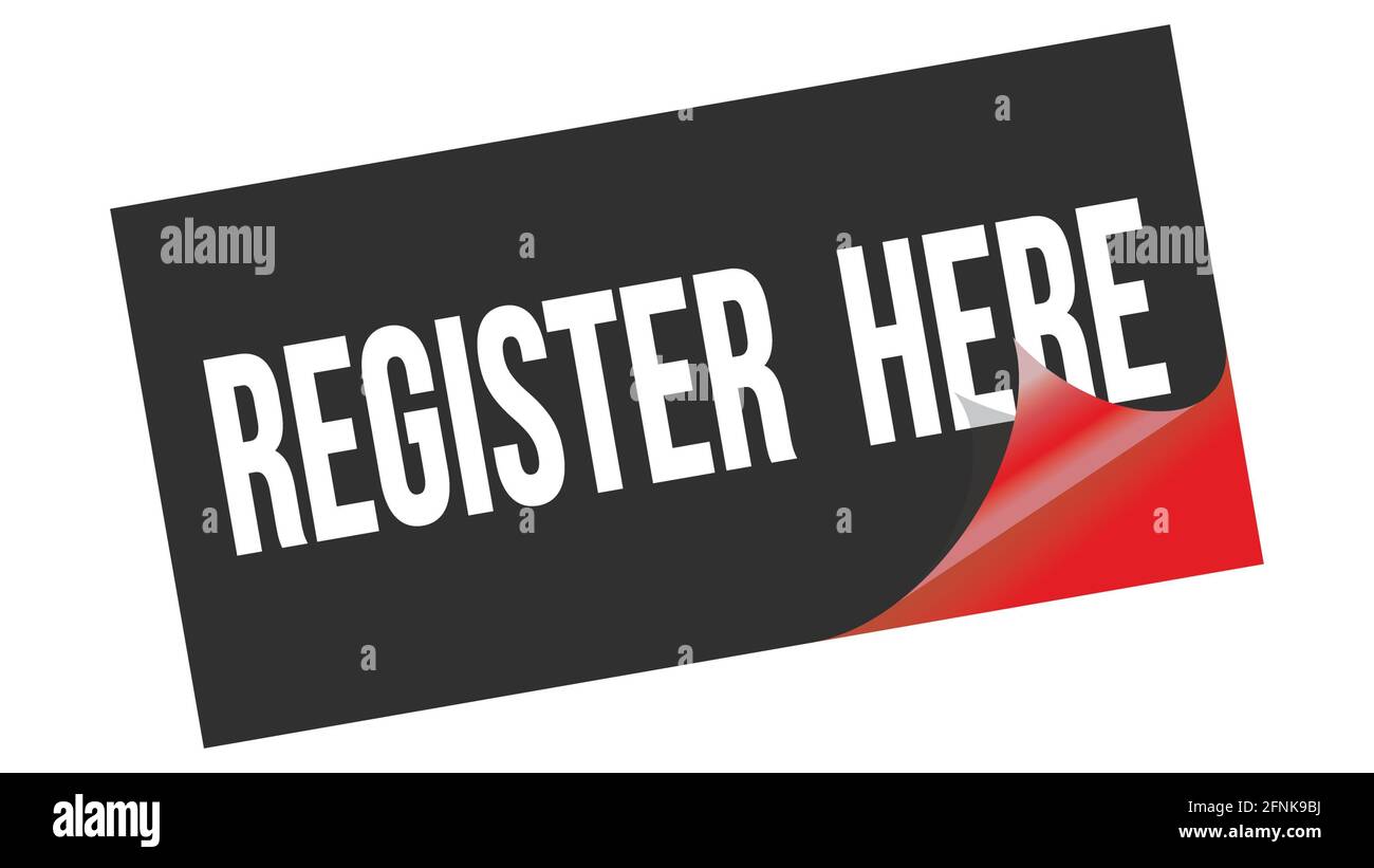 REGISTER HERE text written on black red sticker stamp Stock Photo - Alamy