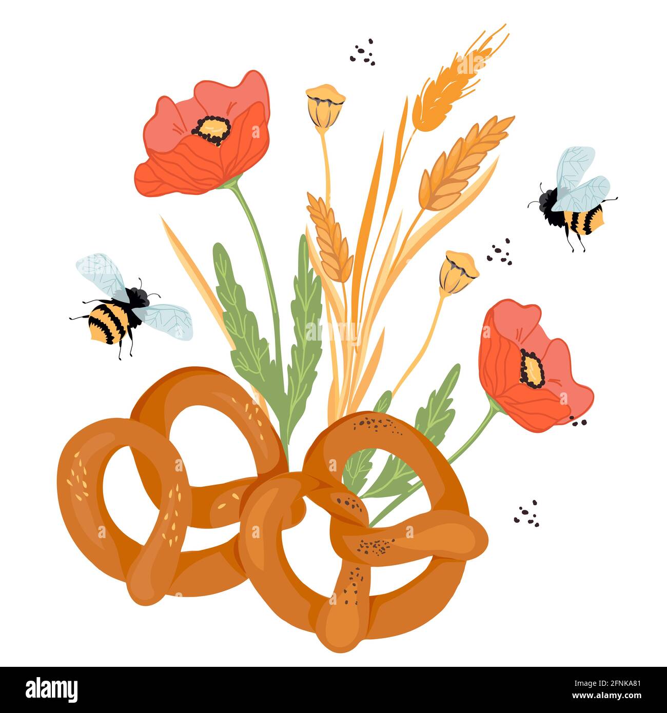 Pretzels with ears, poppy flowers and other plants elements, flat ...