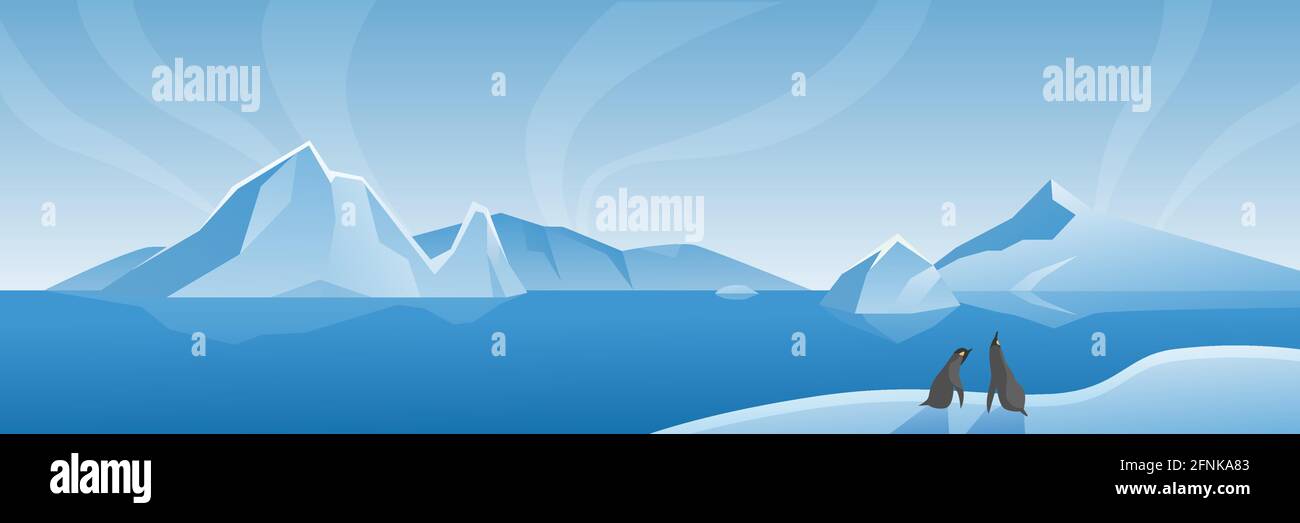 Arctic Antarctic wide landscape panorama vector illustration. Cartoon ...