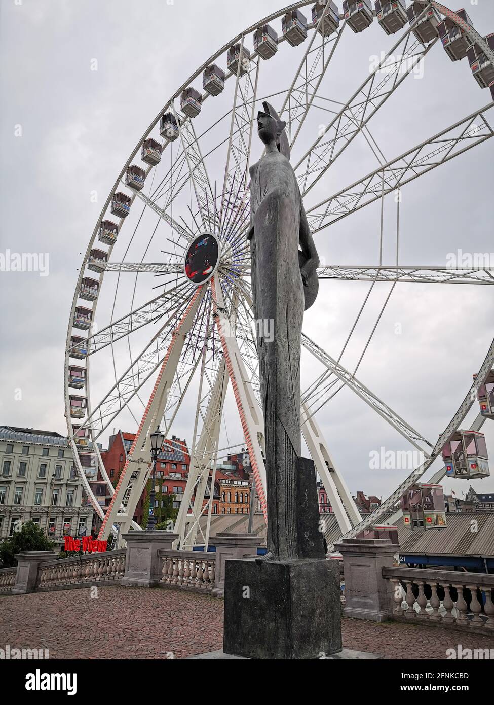 Minerva Goddess statue in front of The View ferris wheel, Antwerp ...